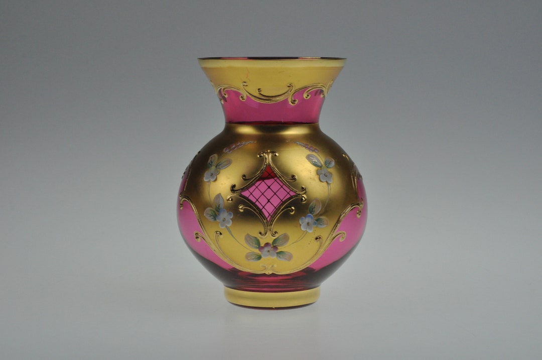 24K Gold Enamel Glass Vase, Glass Vase, Czech Glass, Art Glass, Vintage ...