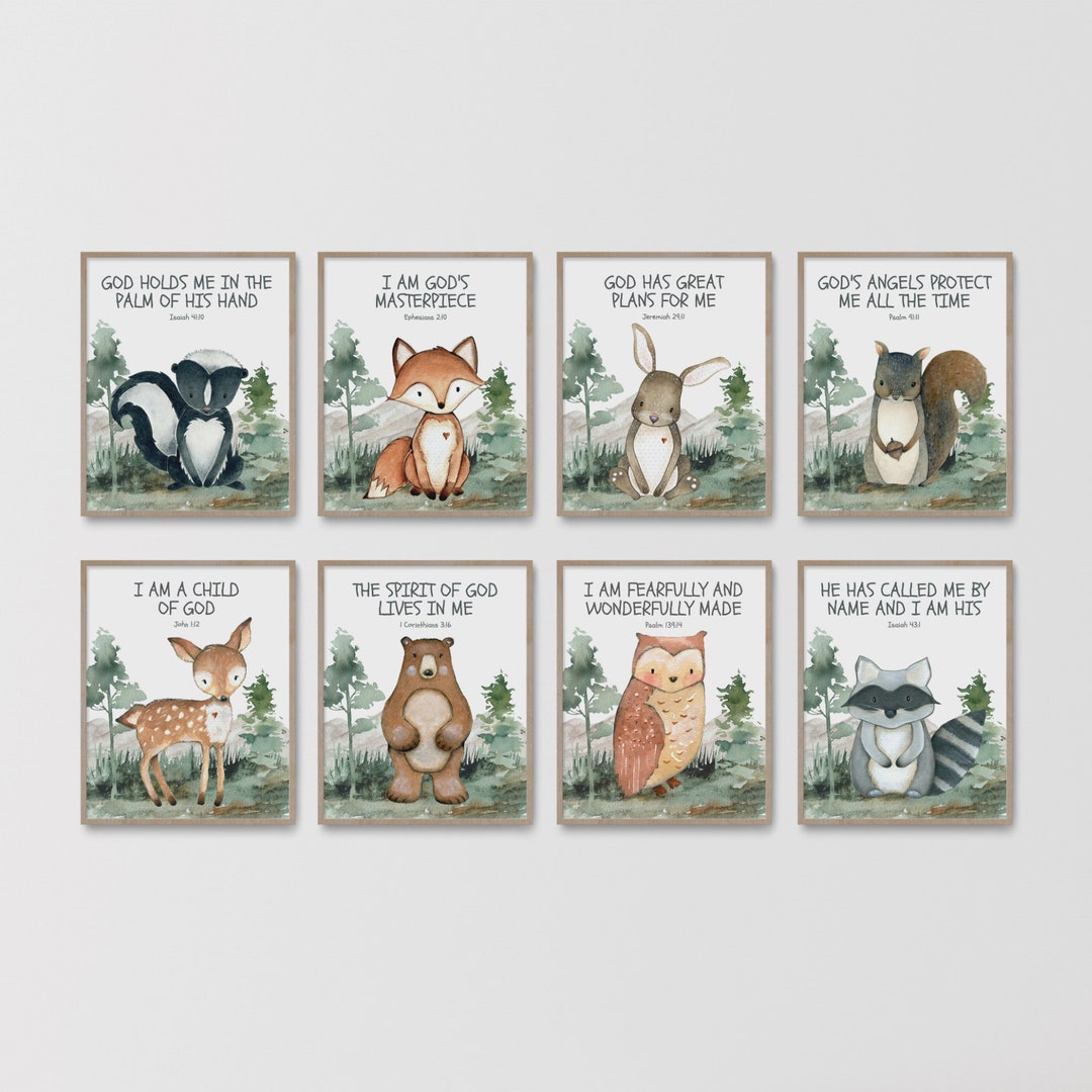 Christian Nursery Decor, Kids Bible Verse Wall Art, Woodland Animals ...