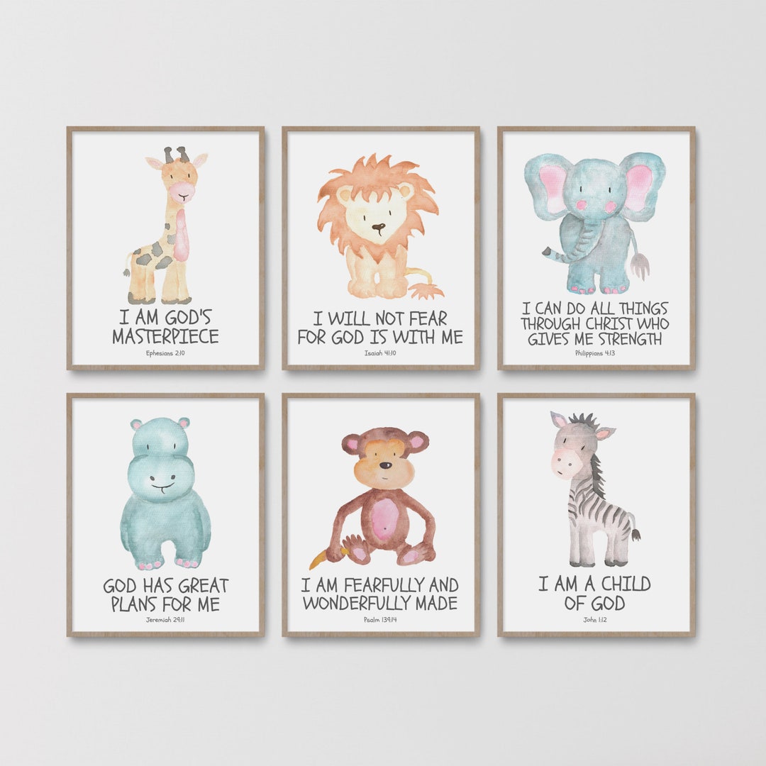 Kids Bible Verse Wall Art, Safari Nursery Decor, Watercolor Animals ...