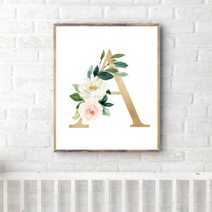 Boho Nursery Print, Watercolor Initial A, Gold Foil Letter, Pink ...
