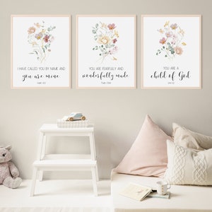 Christian Nursery Decor, Kids Bible Verse Wall Art, Watercolor Flowers ...