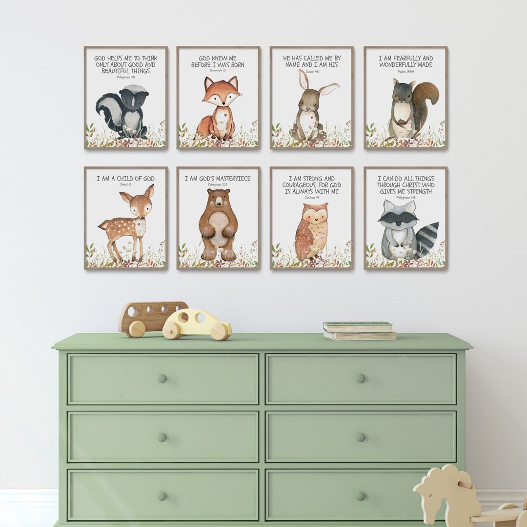 Christian Nursery Decor, Kids Bible Verse Wall Art, Watercolor Animals ...