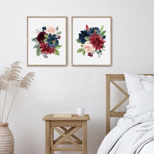 Burgundy Flower Prints, Watercolor Flowers, Floral Bouquet, Bedroom ...