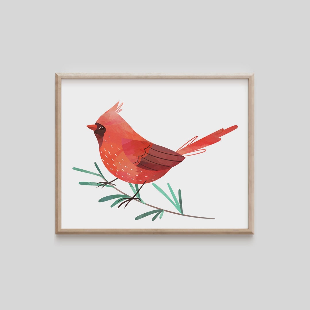 Cardinal Bird, Folk Art Print, Bird Watercolor Painting, Red Wall Art ...