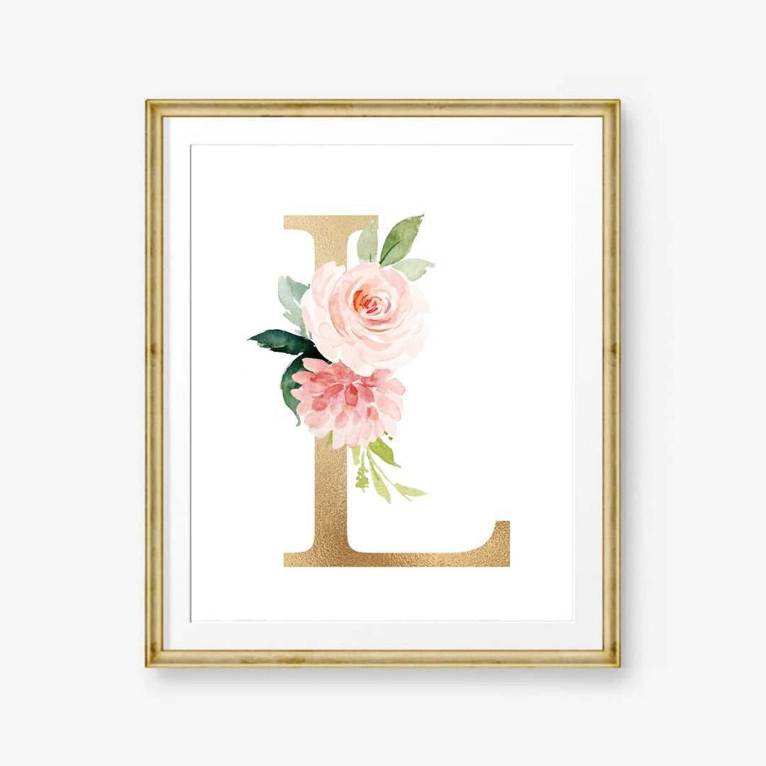 Floral Letter Print, Blush and Gold Initial L Monogram, Nursery Wall ...