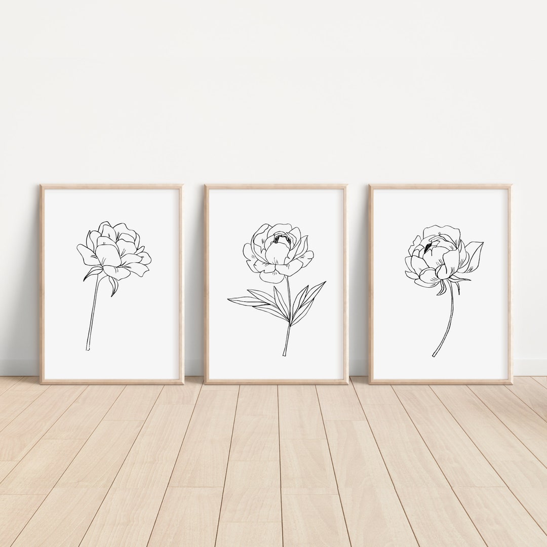 Floral Line Drawing, Set of 3 Black and White Prints, Minimalist Wall ...