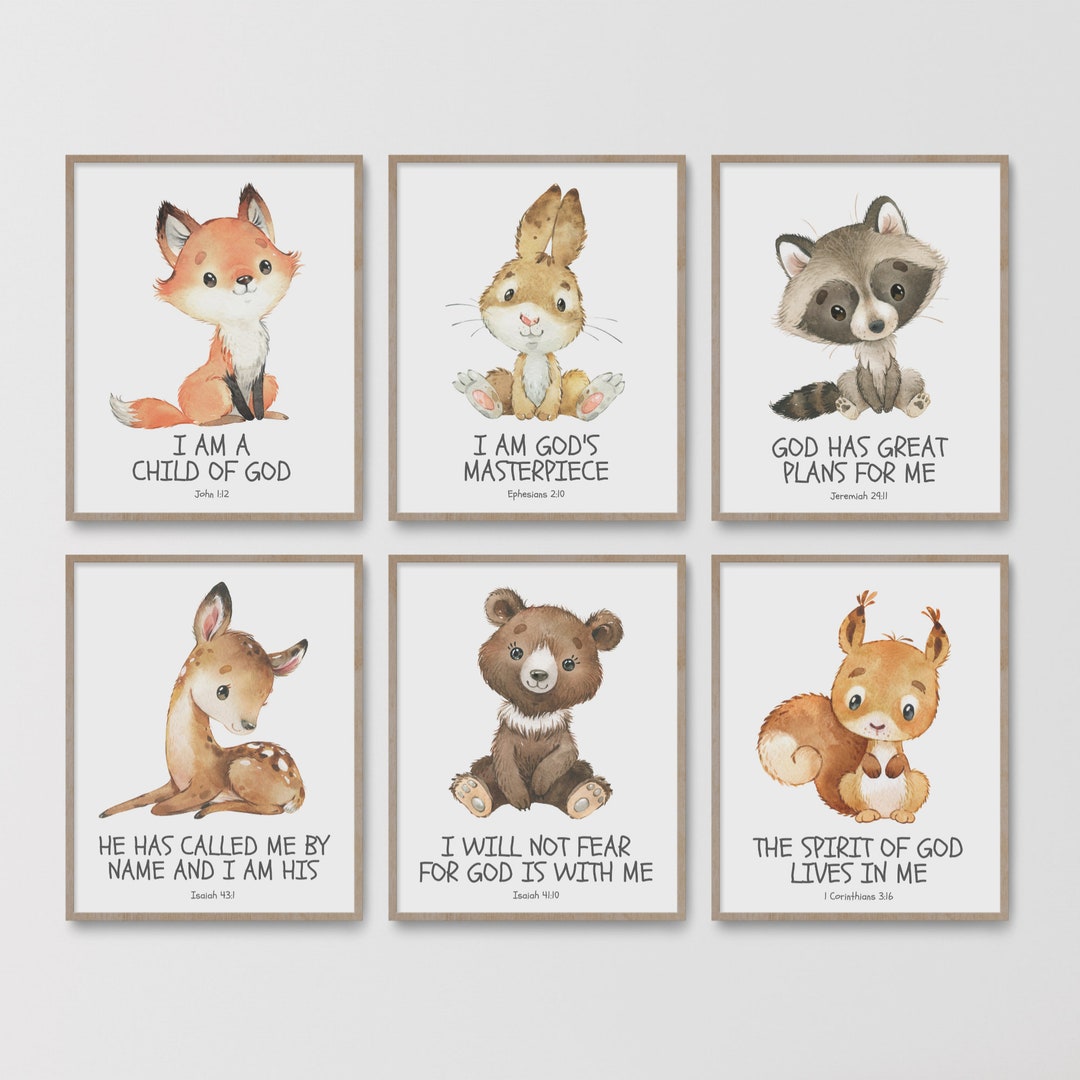 Christian Nursery Decor, Kids Bible Verse Wall Art, Watercolor Animals ...