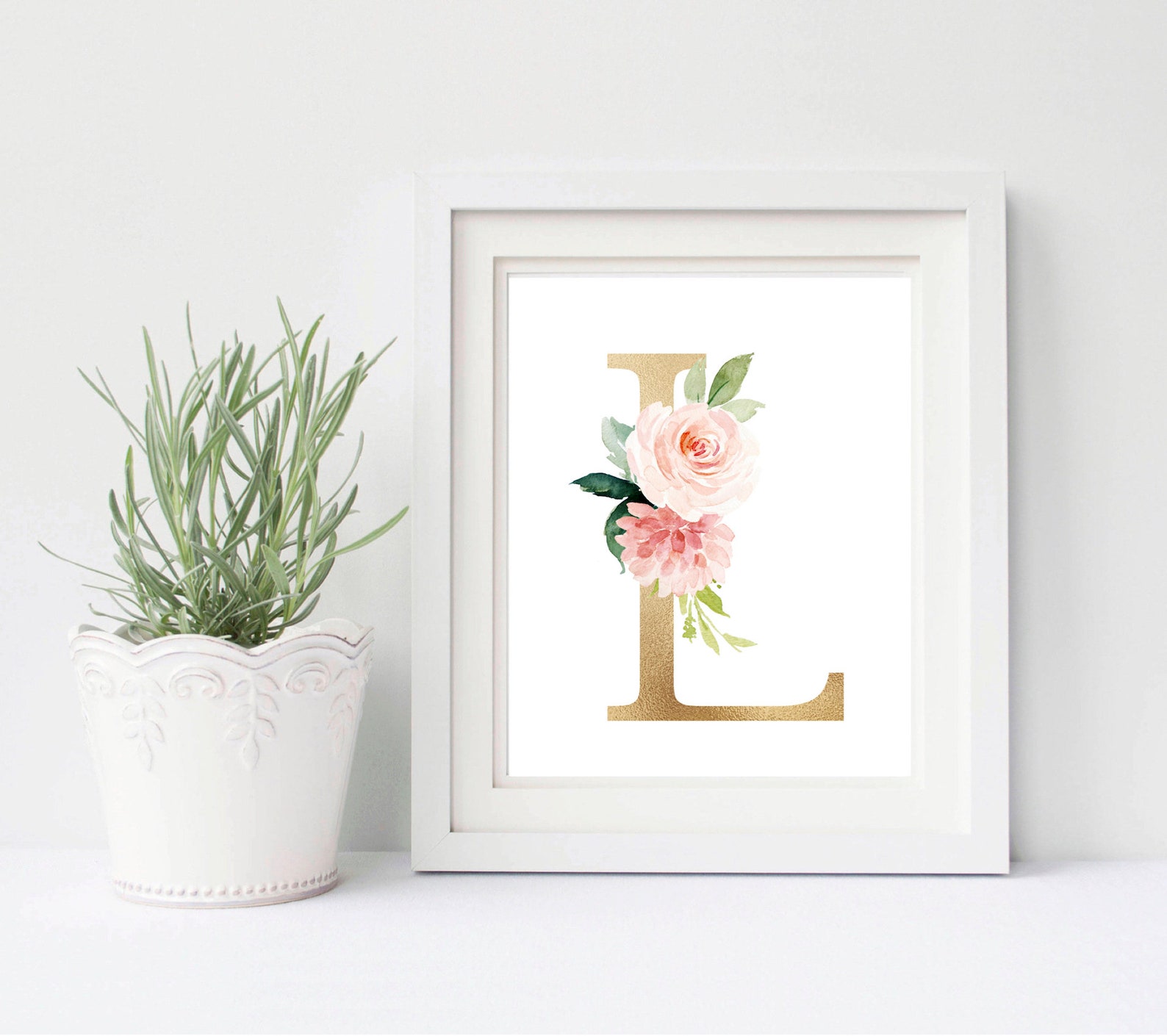 Floral Letter Print Blush and Gold Initial L Monogram - Etsy