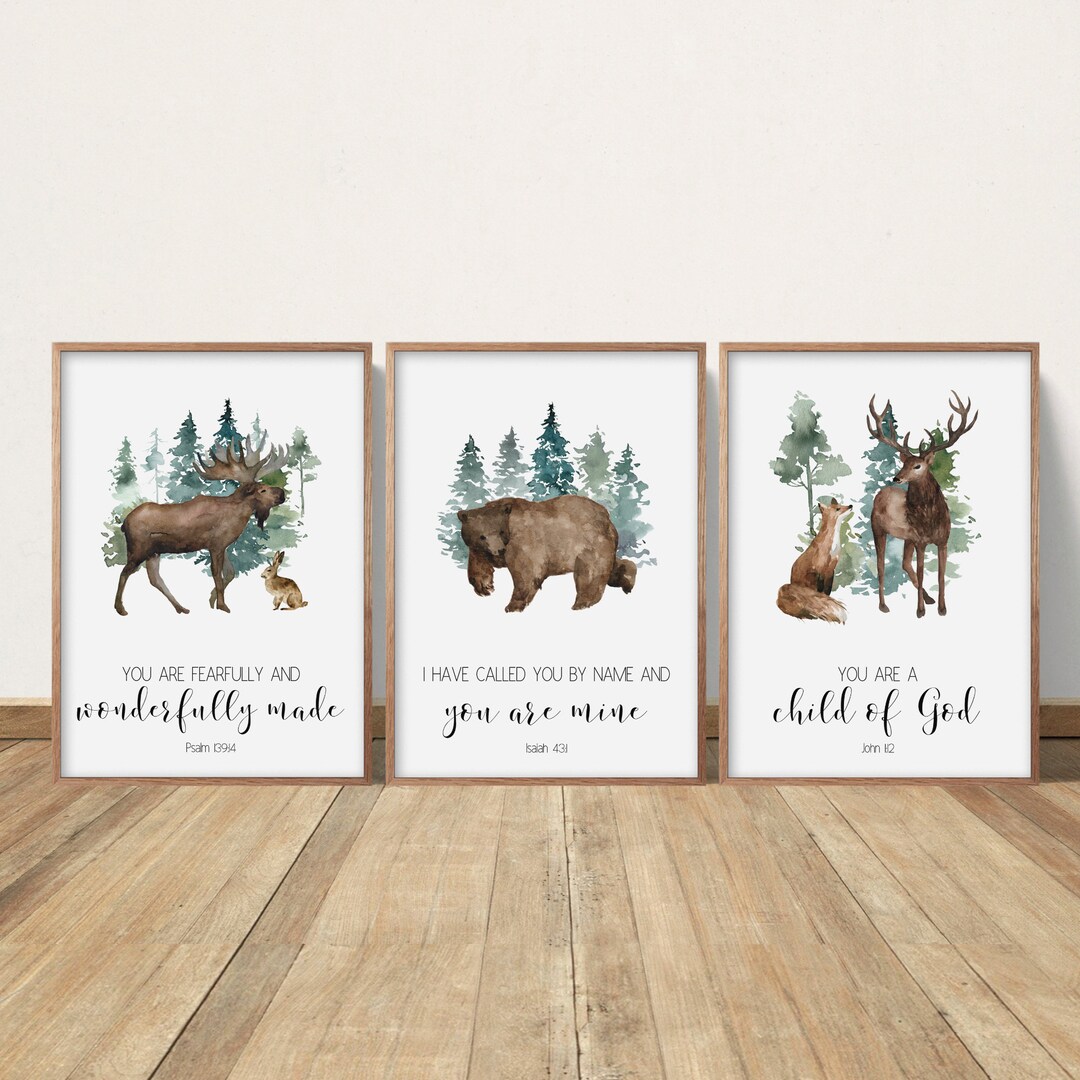 Christian Nursery Decor, Kids Bible Verse Wall Art, Watercolor Wildlife ...
