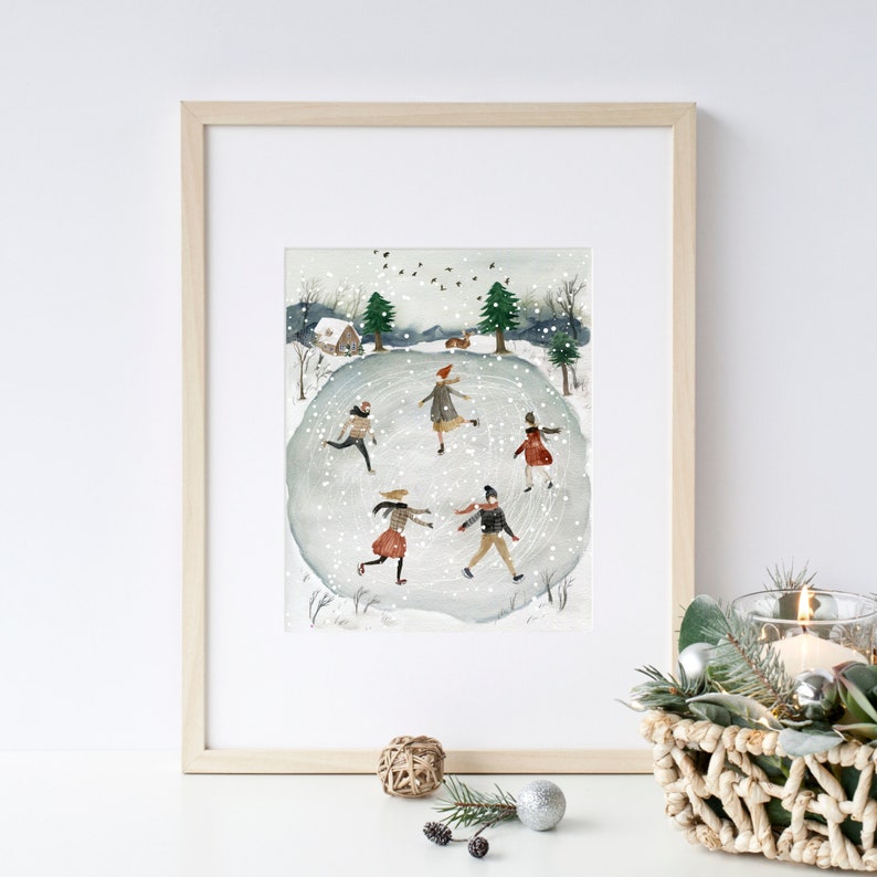 Winter Decor Ice Skating Living Room Wall Art Rustic - Etsy