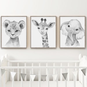 Safari Nursery Decor, Watercolor Animal Prints, Black and White Nursery ...