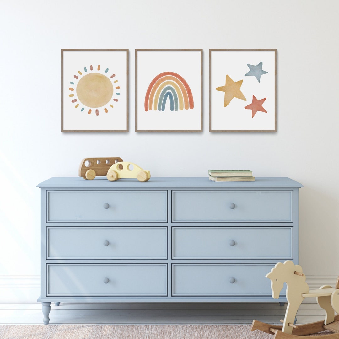 Watercolor Weather, Nursery Wall Art, Sun Rainbow Stars, Kids Room ...