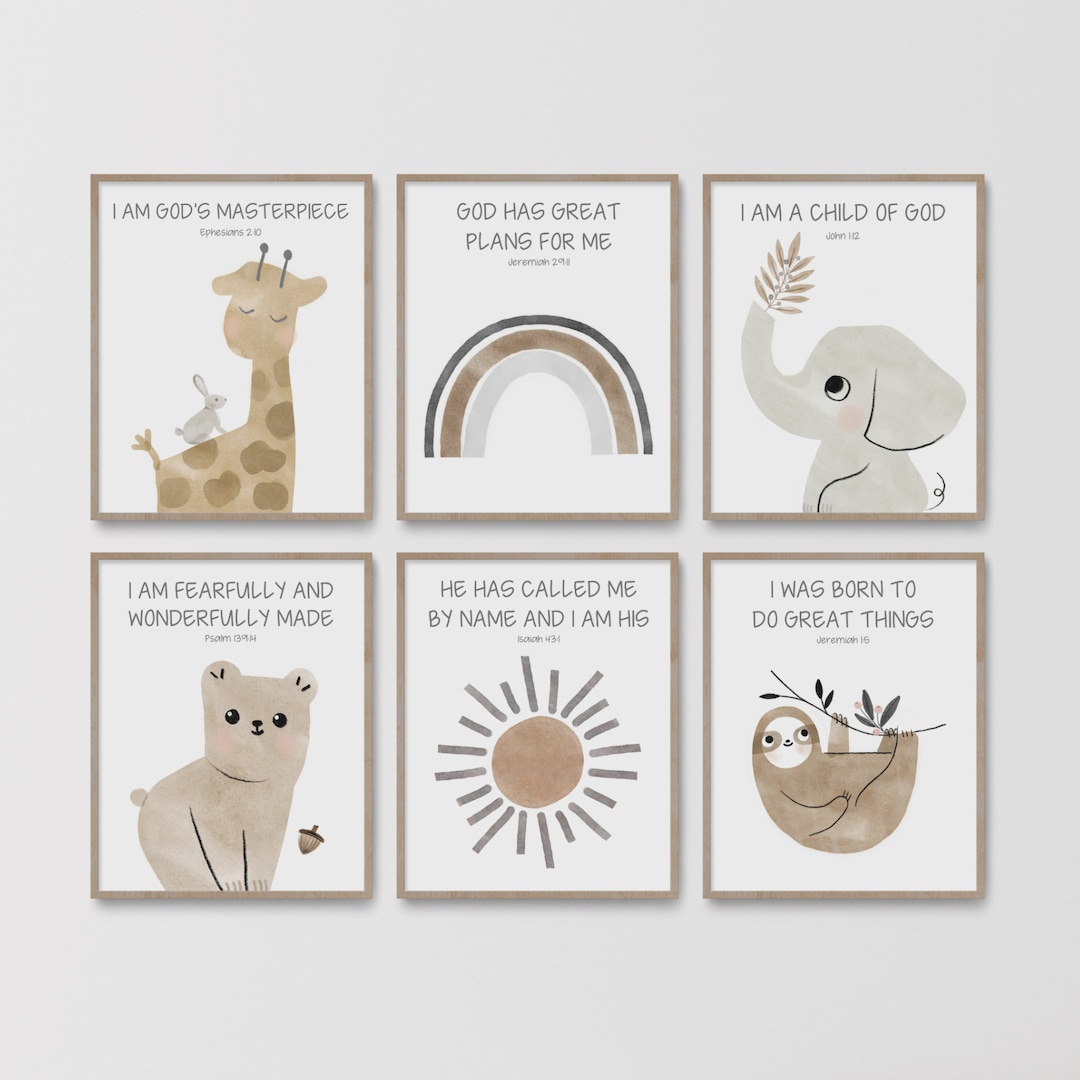 Christian Nursery Decor, Kids Bible Verse Wall Art, Watercolor Animals ...