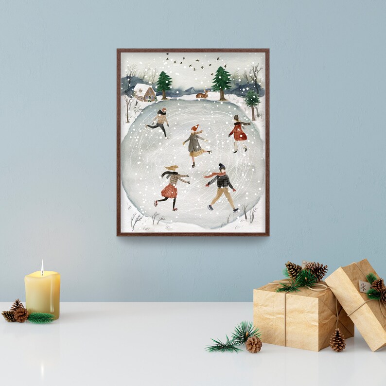 Winter Decor Ice Skating Living Room Wall Art Rustic - Etsy