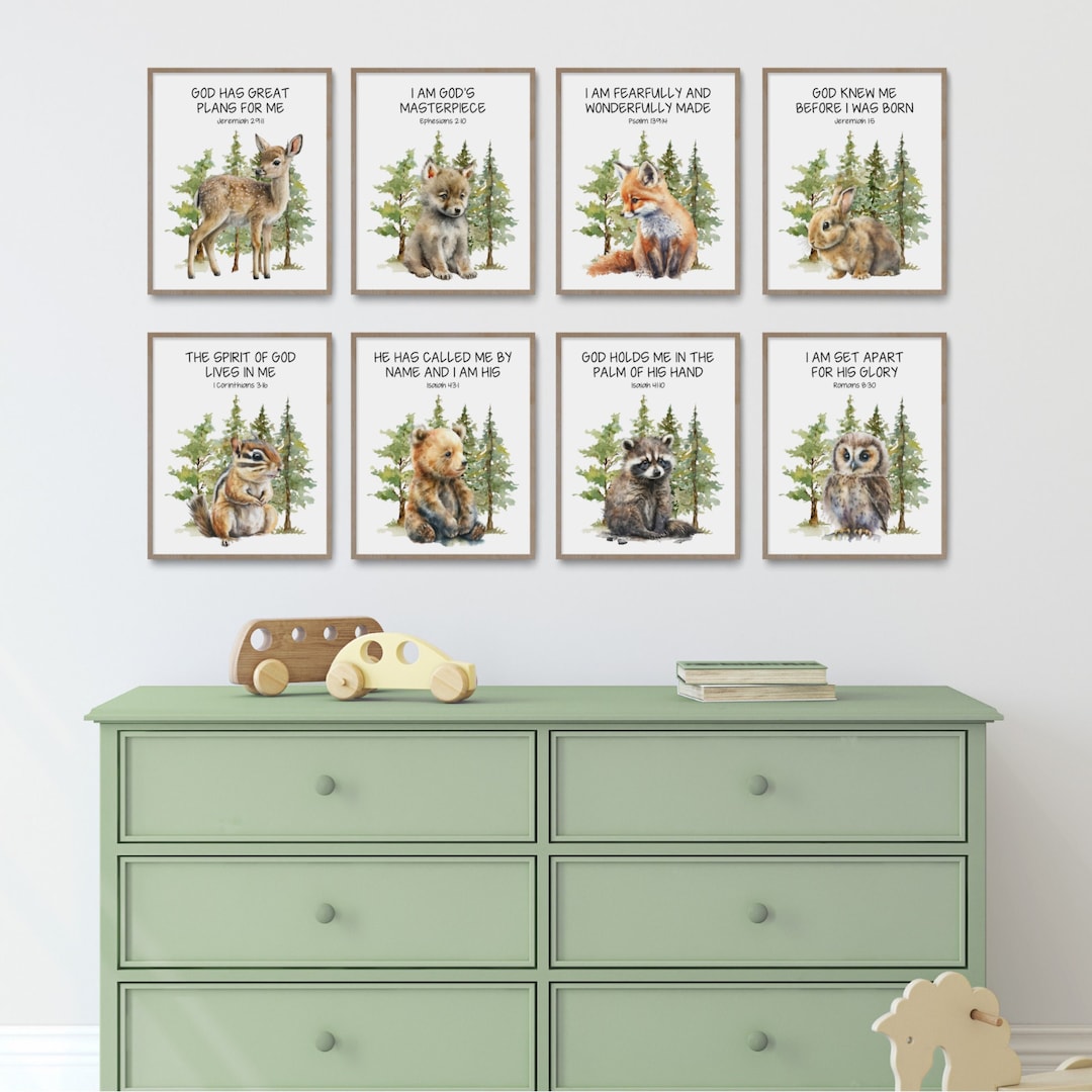 Christian Nursery Decor, Kids Bible Verse Wall Art, Watercolor Animals ...