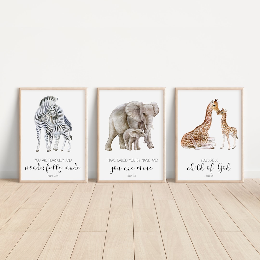 Christian Nursery Decor, Kids Bible Verse Wall Art, Watercolor Animals ...