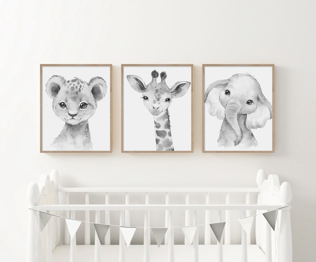 Safari Nursery Decor, Watercolor Animal Prints, Black and White Nursery ...