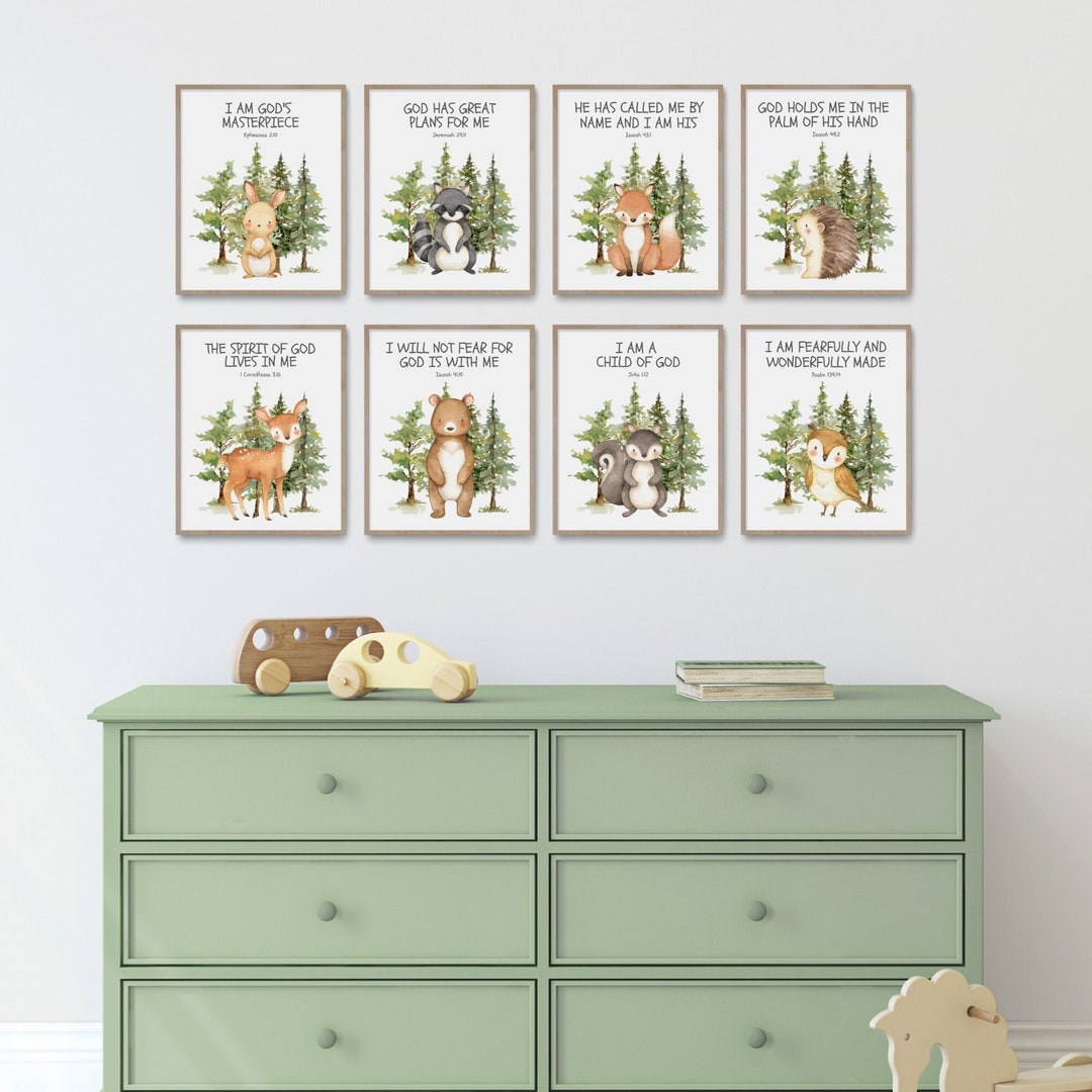 Christian Nursery Decor, Kids Bible Verse Wall Art, Watercolor Animals ...