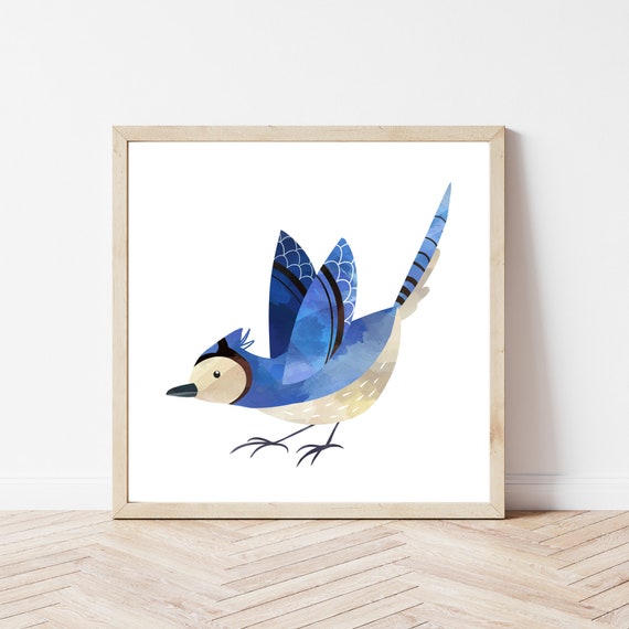 Blue Jay Bird Folk Art Print Bird Watercolor Painting Blue - Etsy