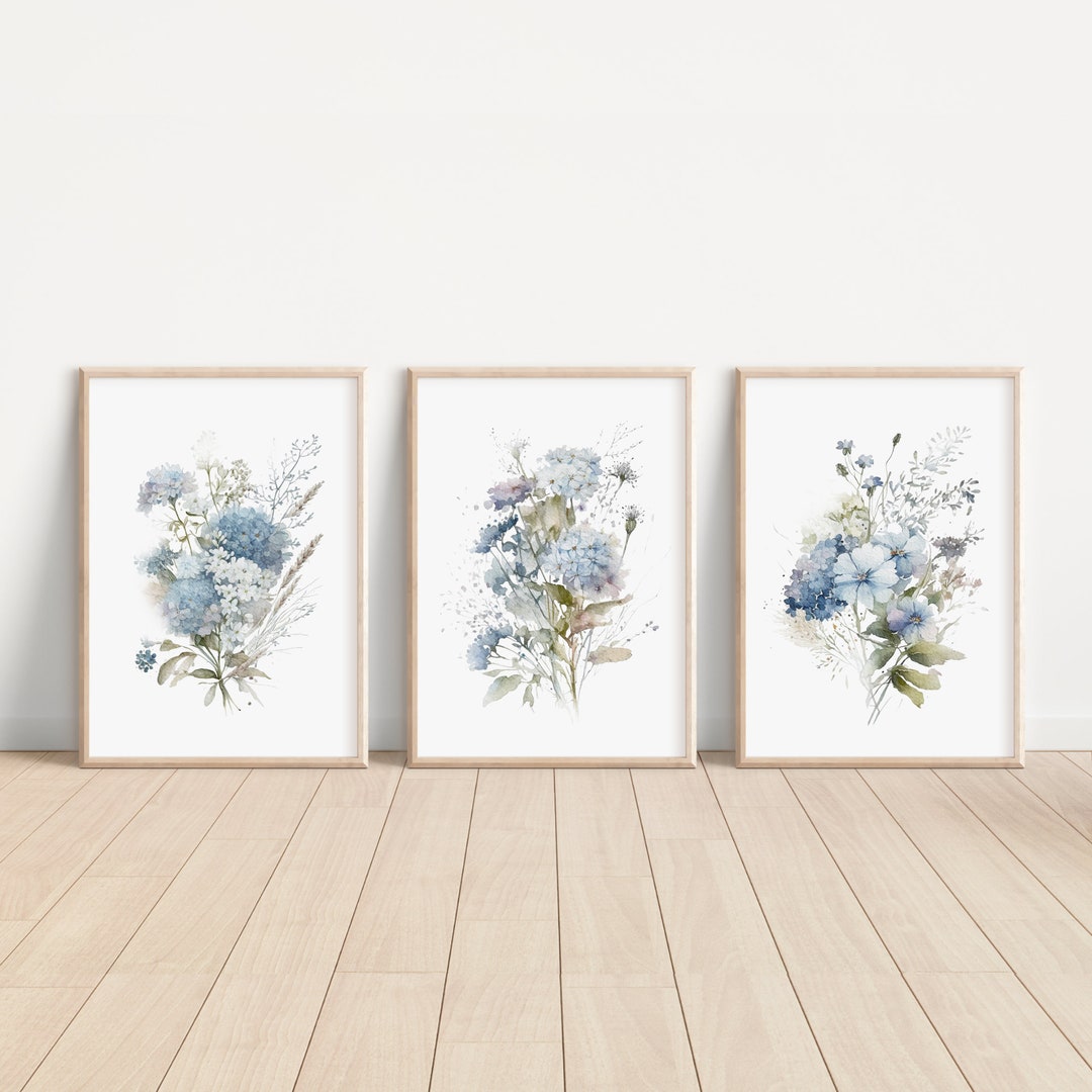 Light Blue Hydrangea Prints, Wildflower Bouquet, Watercolor Flowers ...