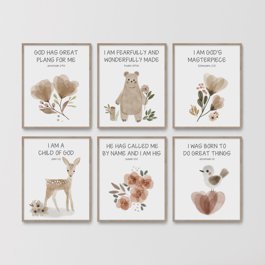 Christian Nursery Decor, Kids Bible Verse Wall Art, Watercolor Animals ...