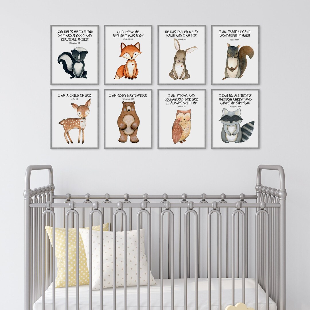 Christian Nursery Decor, Kids Bible Verse Wall Art, Watercolor Animals ...