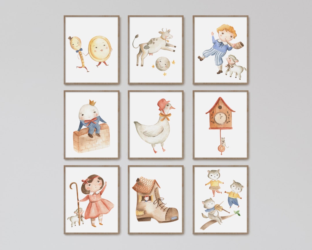 Nursery Rhyme Prints, Mother Goose, Hey Diddle Diddle, Humpty Dumpty ...
