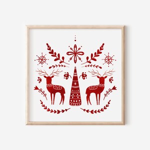 Christmas Folk Art, Red Reindeer Print, Scandinavian Swedish Gift ...