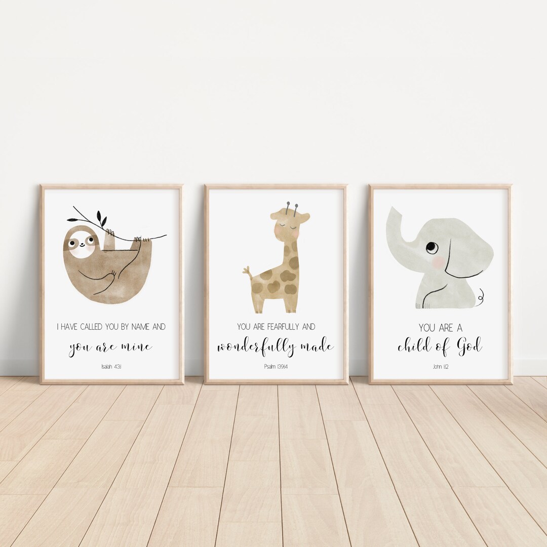Christian Nursery Decor, Kids Bible Verse Wall Art, Watercolor Animals ...