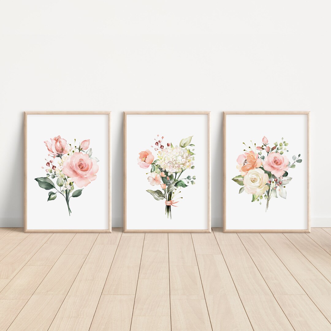 Pink Rose Prints, Watercolor Flowers, Floral Bouquet, Bedroom Wall ...