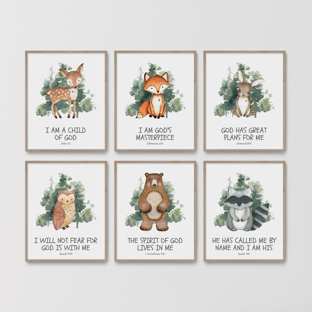 Christian Nursery Decor, Kids Bible Verse Wall Art, Watercolor Animals ...