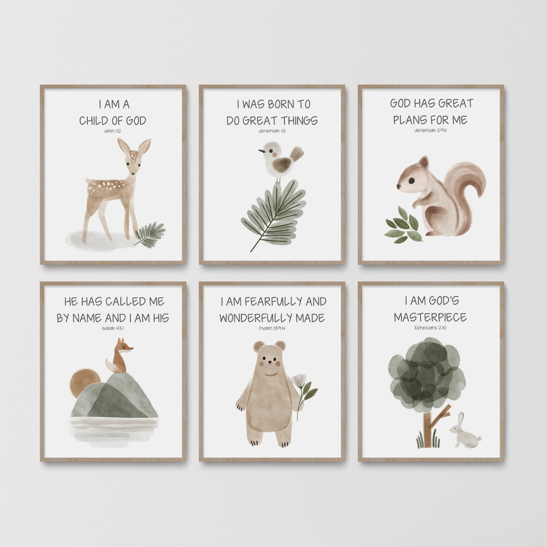 Christian Nursery Decor, Kids Bible Verse Wall Art, Watercolor Animals ...