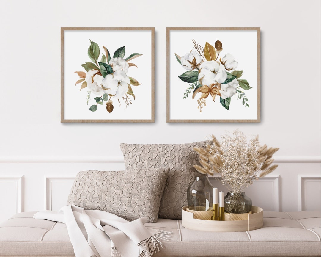 Cotton Boll Art, Farmhouse Decor, Botanical Print Set, Living Room Wall ...