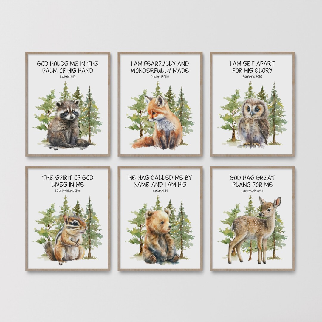 Christian Nursery Decor, Kids Bible Verse Wall Art, Watercolor Animals ...