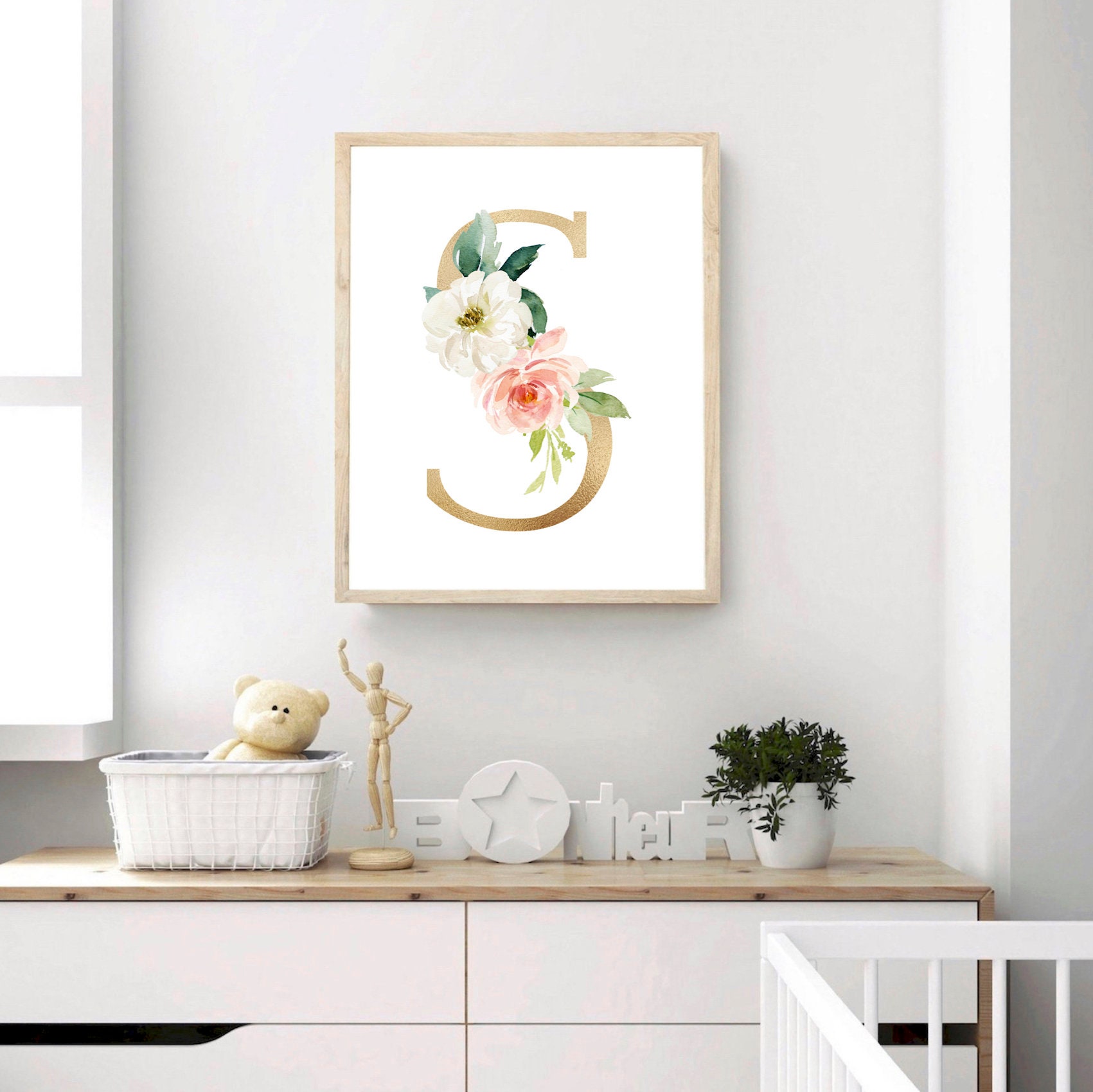 Boho Nursery Print Watercolor Initial S Gold Foil Letter | Etsy