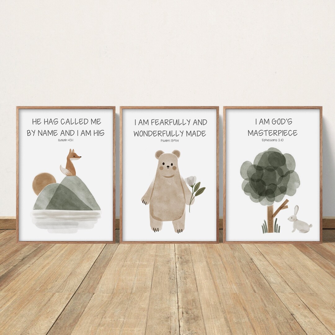 Christian Nursery Decor, Kids Bible Verse Wall Art, Watercolor Animals ...
