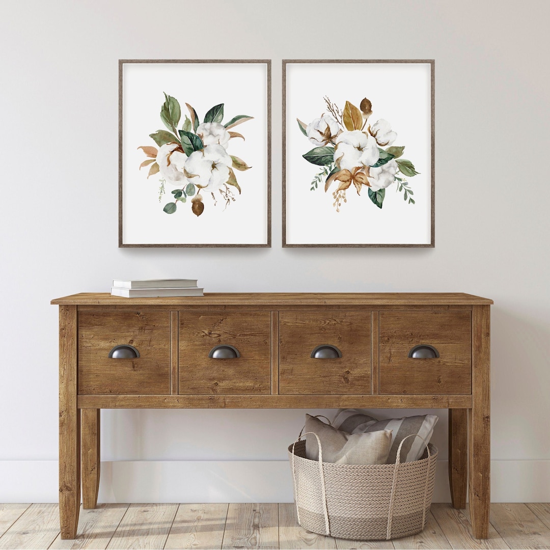 Cotton Boll Art, Farmhouse Decor, Botanical Print Set, Living Room Wall ...