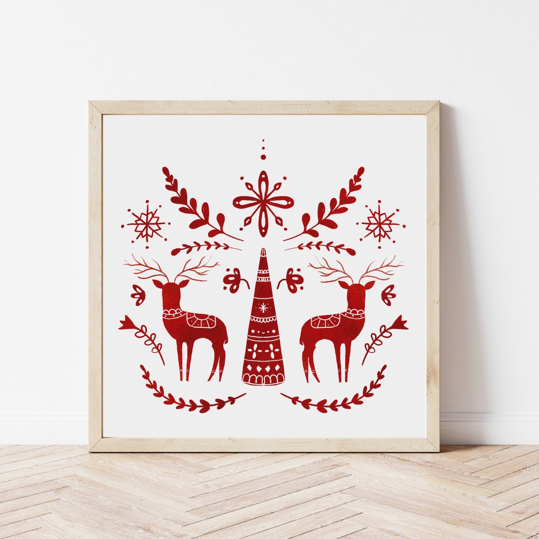 Christmas Folk Art, Red Reindeer Print, Scandinavian Swedish Gift ...