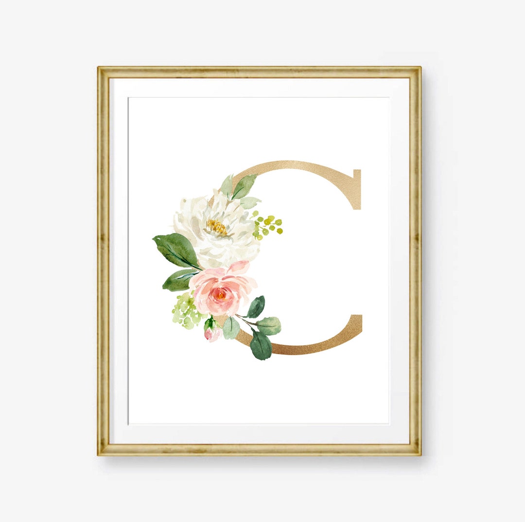 Boho Nursery Print, Watercolor Initial C, Gold Foil Letter, Pink ...