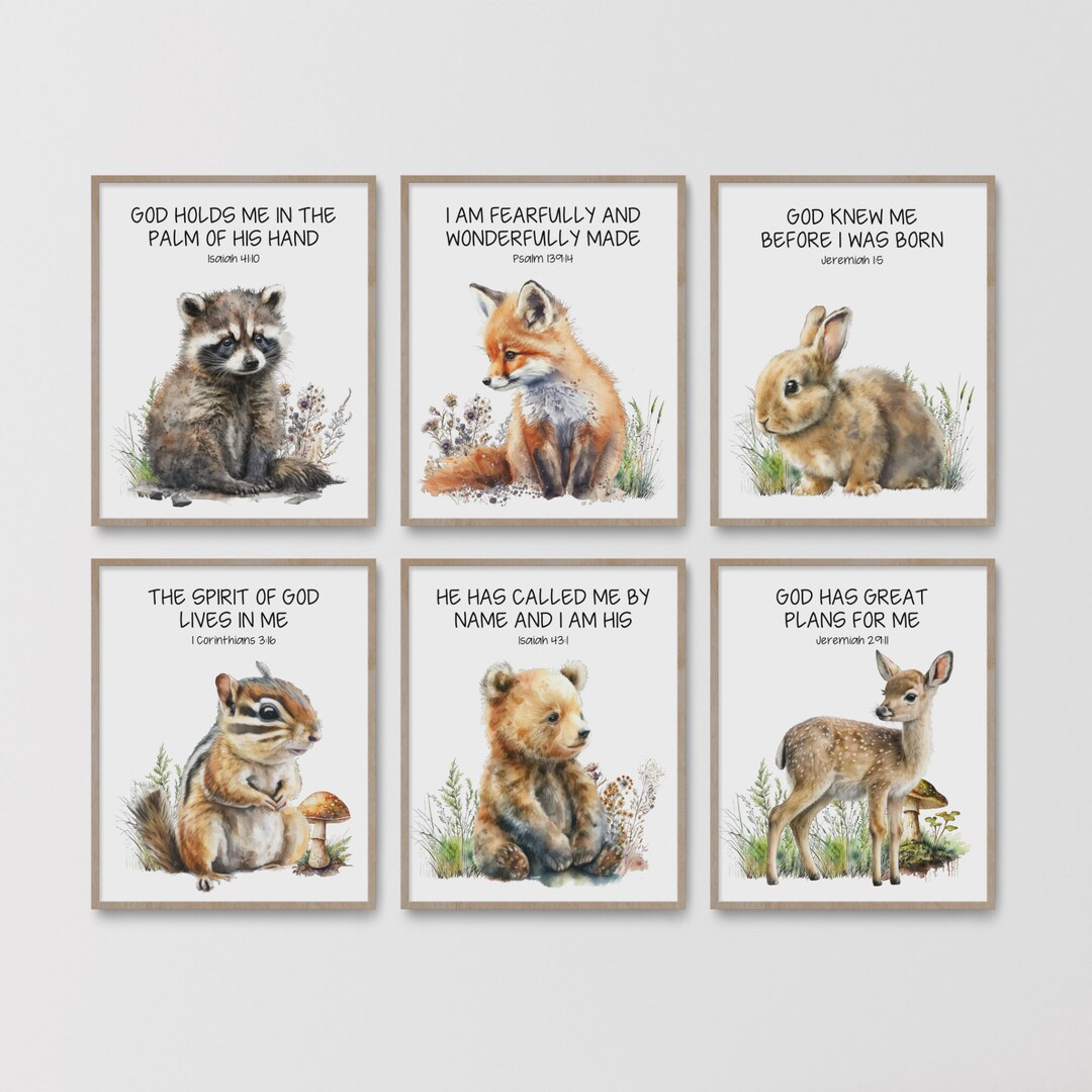 Christian Nursery Decor, Kids Bible Verse Wall Art, Watercolor Animals ...