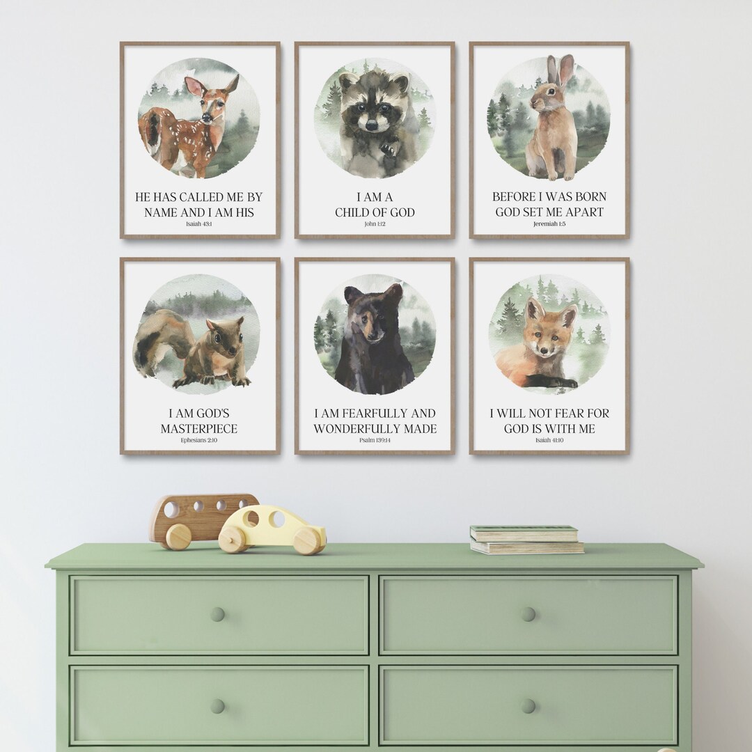 Christian Nursery Decor, Kids Bible Verse Wall Art, Watercolor Animals ...