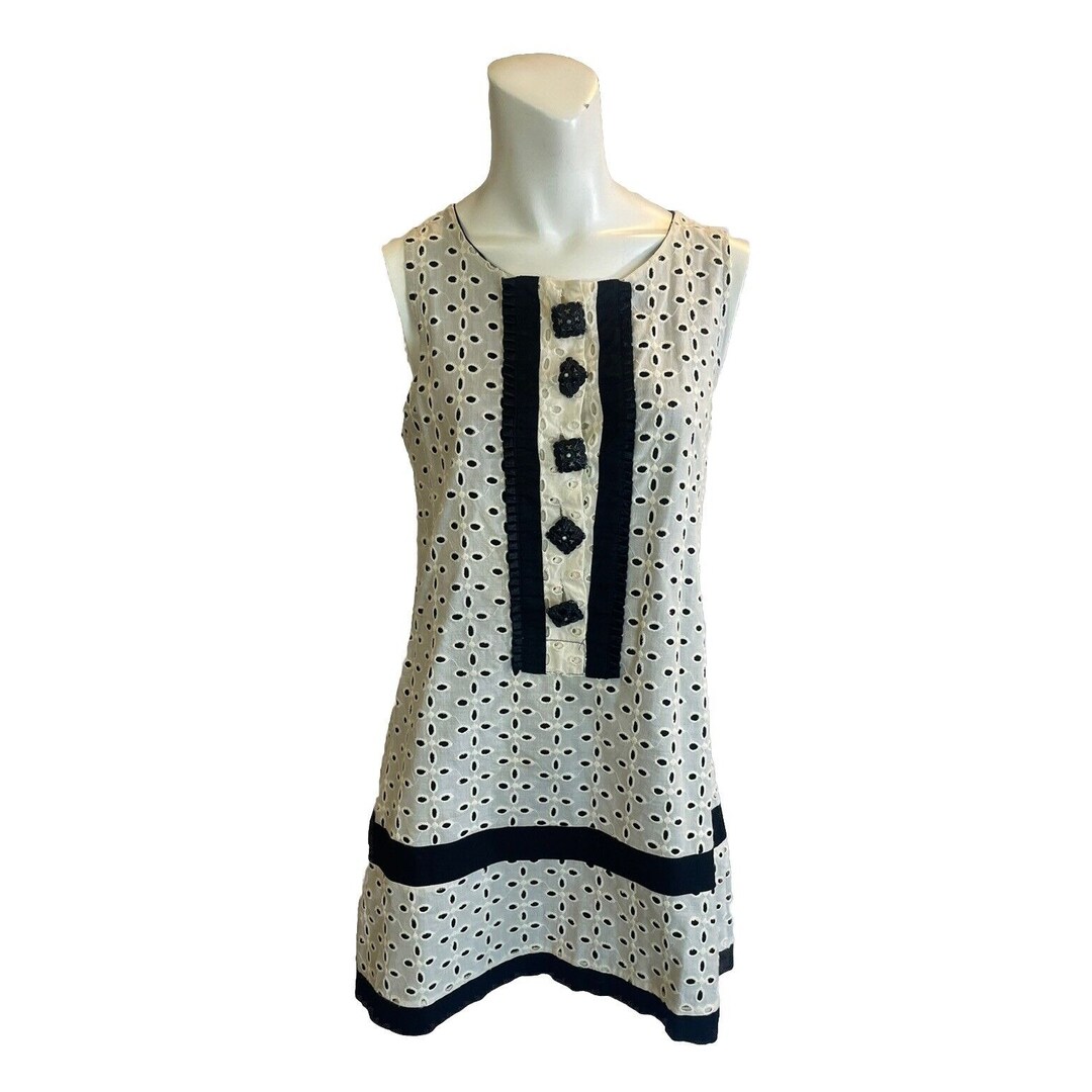 Vintage 60s Mod Black & White Mini Eyelet Sleeveless Big Buttons Shift ...