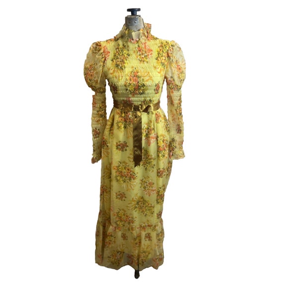 Vintage 70's Yellow floral Renfaire Prairie Dress Boh… - Gem