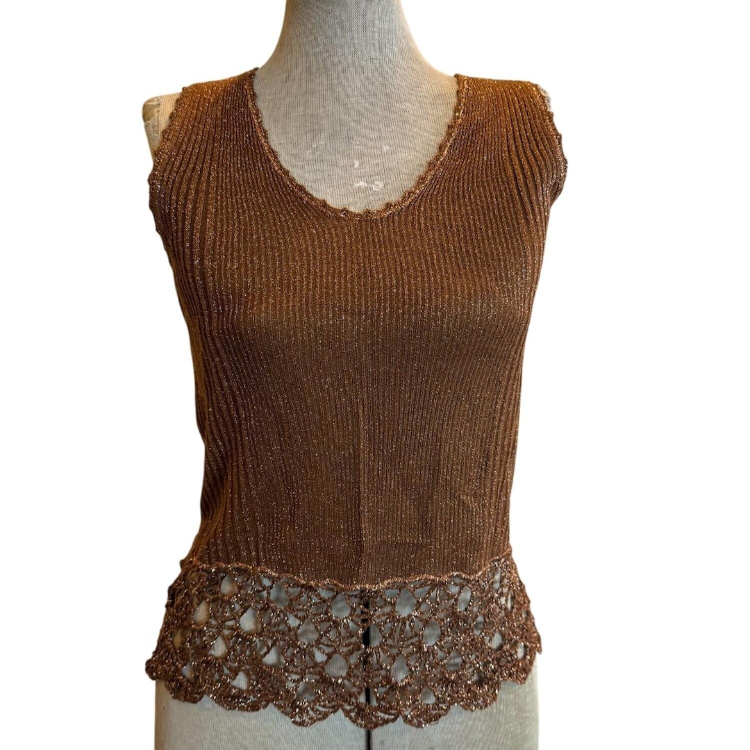Vintage 70s Bronze Tank Knit Crochet Trim Metallic as Is - Etsy