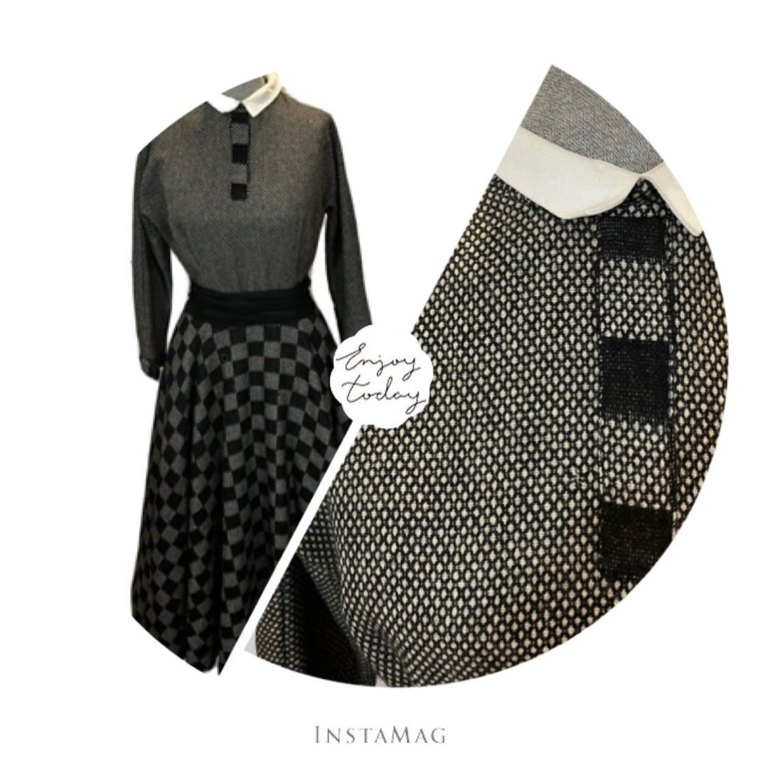VTG 50s 60s Mr Mort White Black Checked Wool Secretary DRESS Peter Pan ...