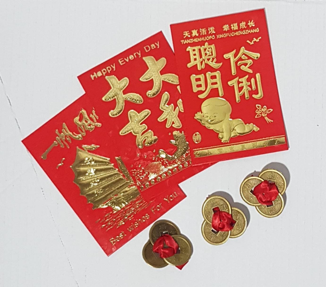 Feng Shui Money Luck 3 Coins Tied in Red Ribbon, Attract Wealth, Lucky ...
