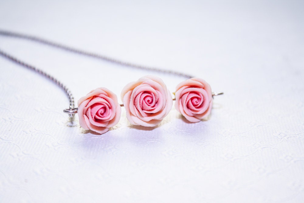 Polymer Clay Pink Rose Necklace, Handmade Rose ,soft Pink Necklace Made ...