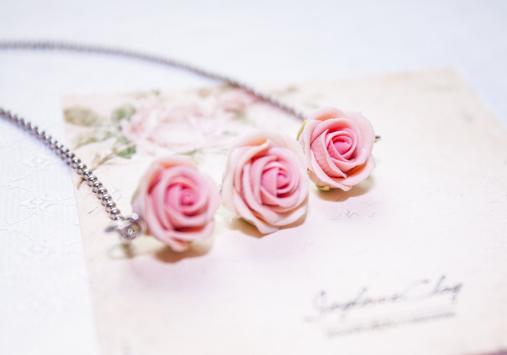 Polymer Clay Pink Rose Necklace, Handmade Rose ,soft Pink Necklace Made ...