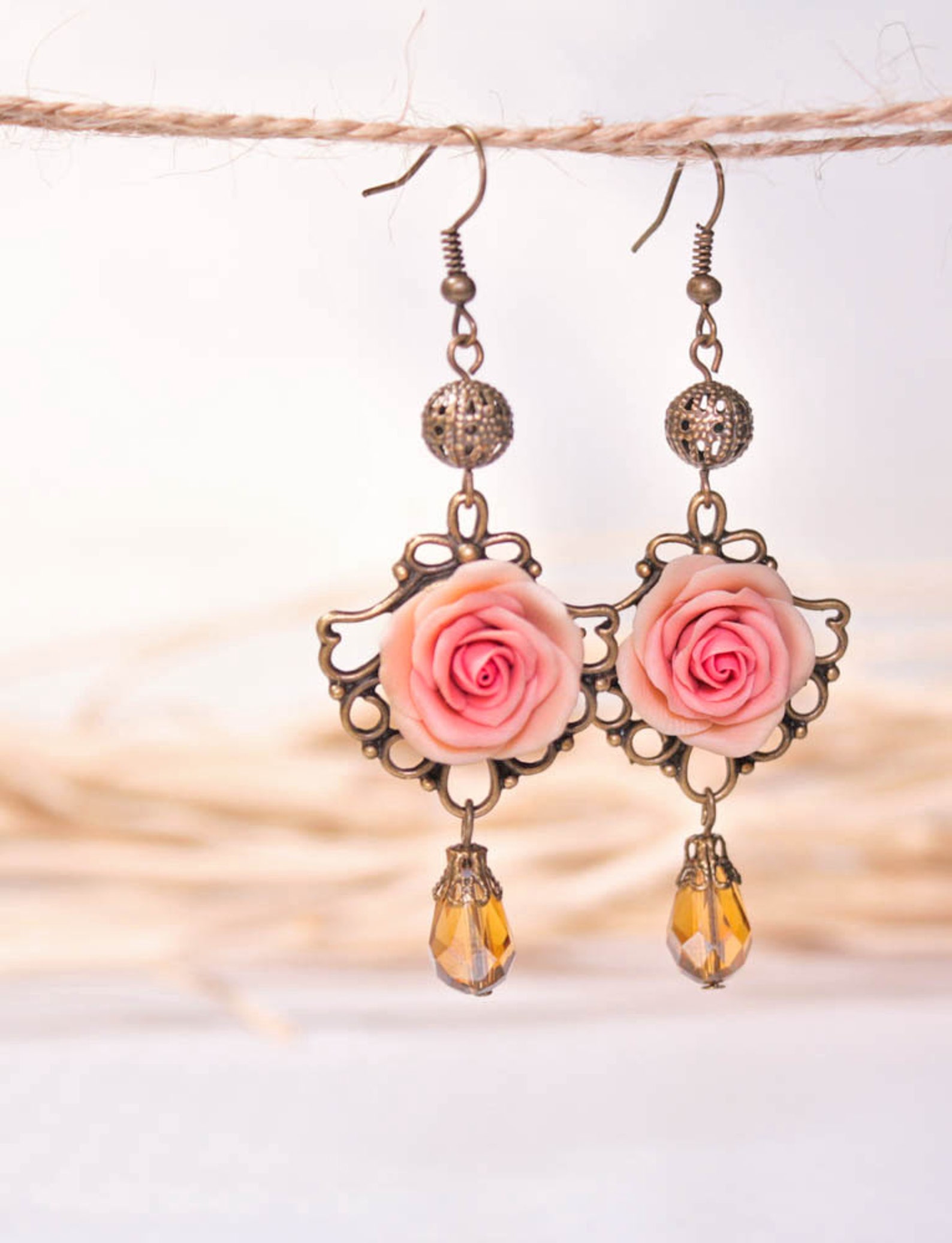 Pink Rose Earrings Pink Rose Earrings Jewelry Bronze - Etsy