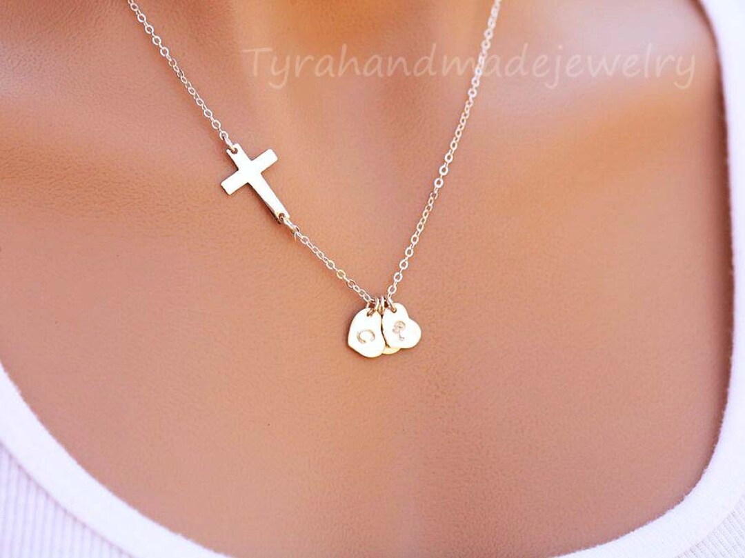 Sideways Cross Initial Necklace,custom Monogram Heart,custom Font,cross ...